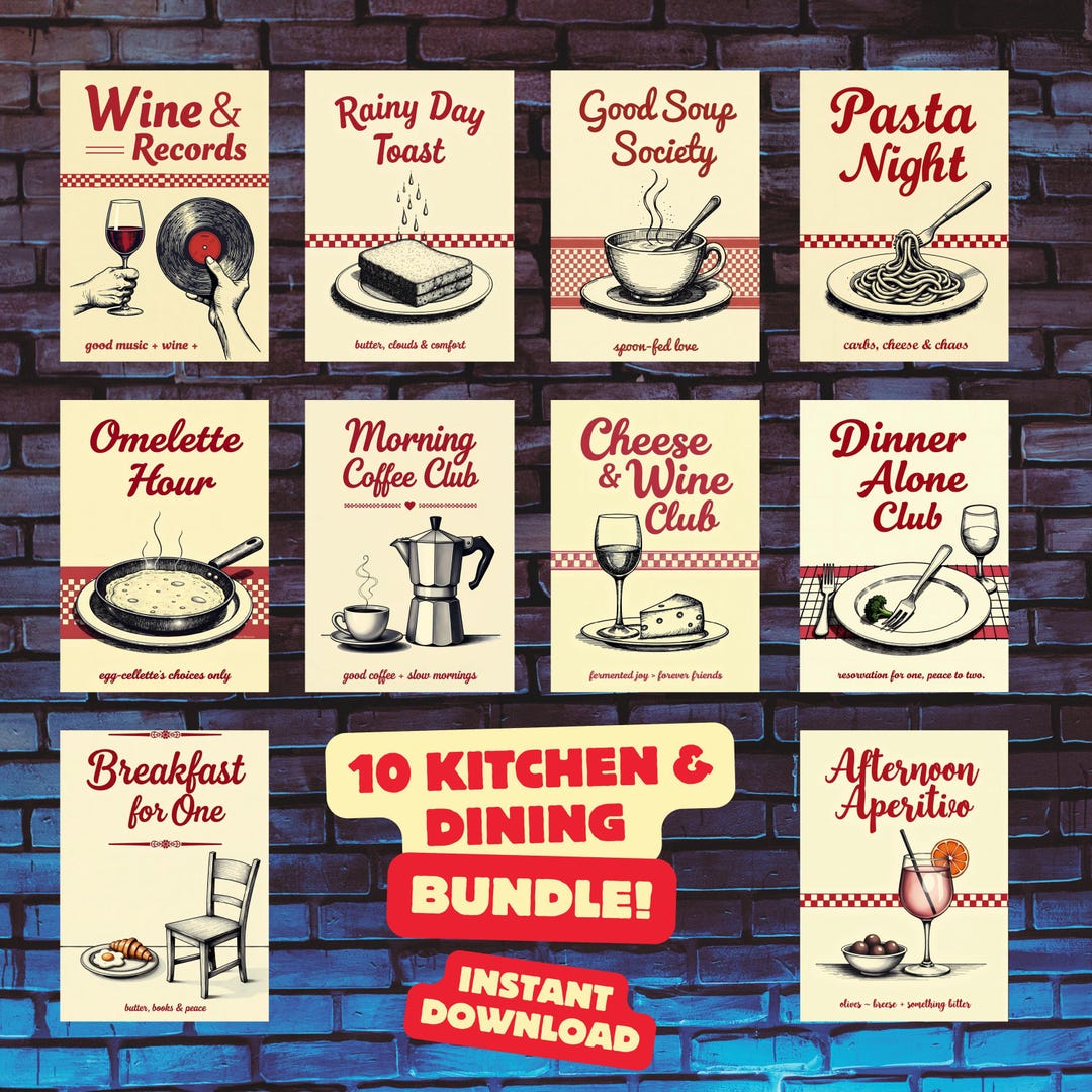 10 Printable Kitchen & Dining Posters – Vintage Red Retro Food Art ...