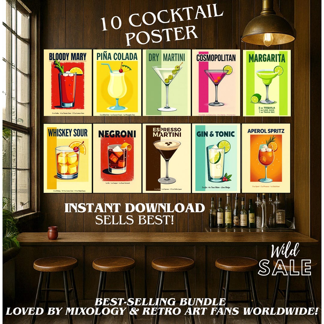10 Cocktail Poster Bundle • Retro Bar Art • Printable Drink Recipe Wall ...