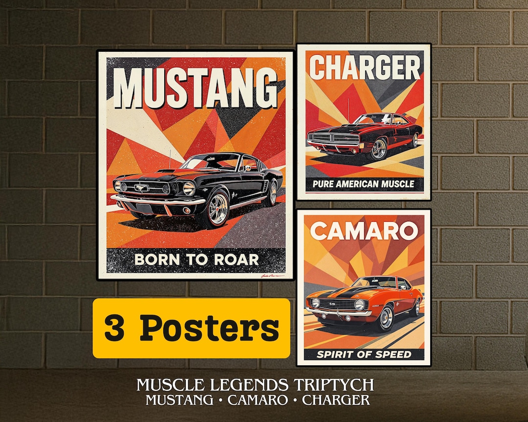 Muscle Car Poster Set (3) – Mustang, Camaro, Charger – Retro Mid ...