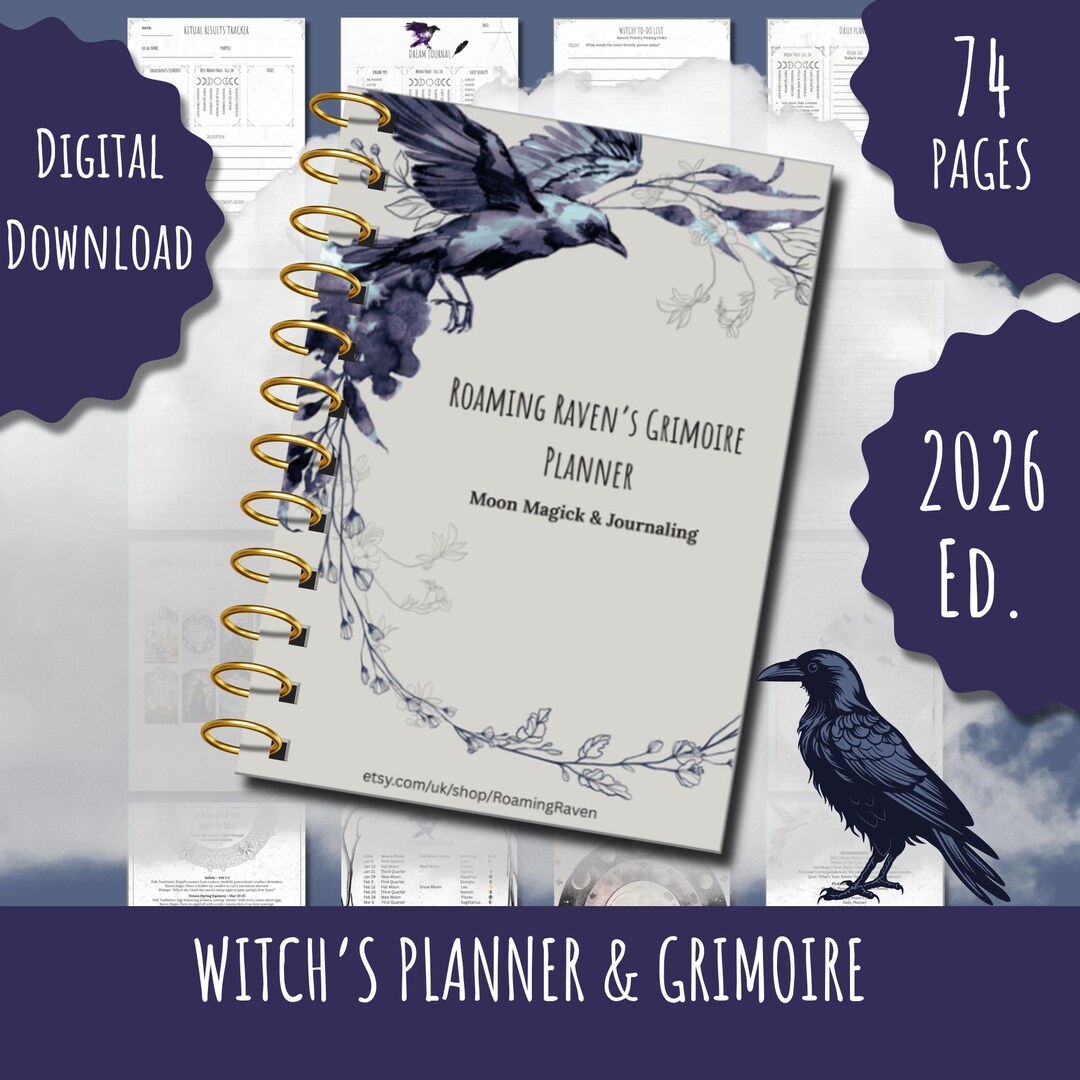 Witch Planner 2026 Printable Grimoire & Moon Calendar PDF Raven-themed ...
