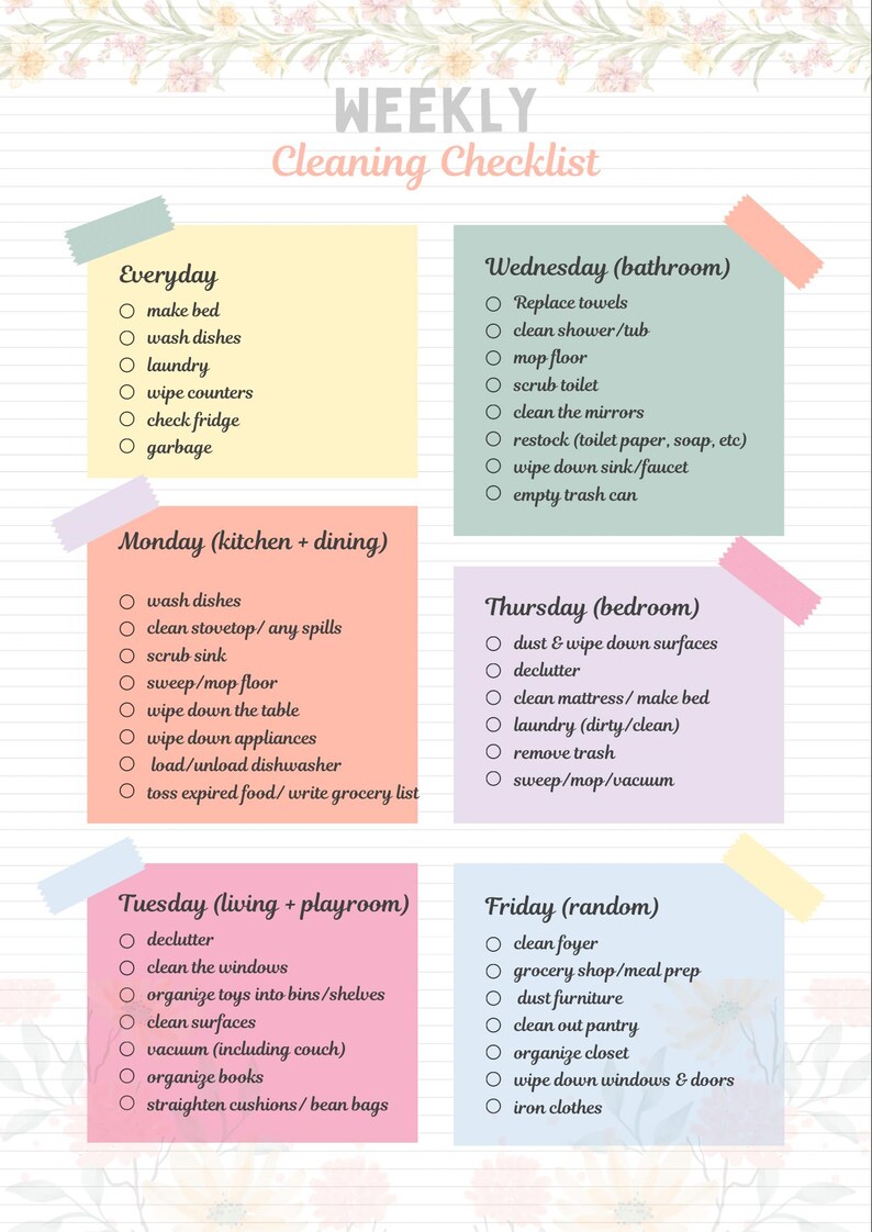 Digital Weekly Cleaning Checklist (printable) - Etsy
