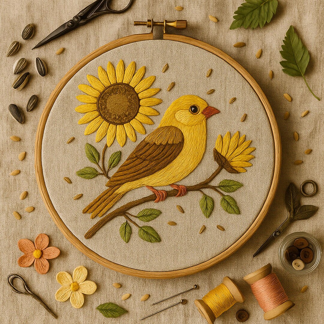 Floral Sunflower Bird Hand Embroidery Pattern Sunny Yellow Songbird ...