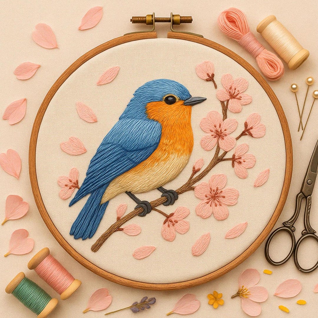 Spring Bluebird With Cherry Blossom Hand Embroidery Pattern Cozy Bird ...