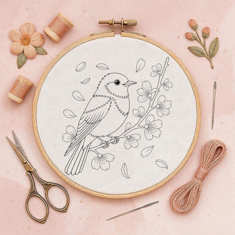 Spring Bluebird With Cherry Blossom Hand Embroidery Pattern Cozy Bird ...