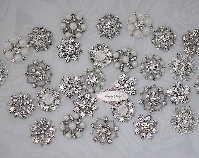 30 Pcs CLEAR Crystal Rhinestone Assorted Embellishment Buttons Flatback ...