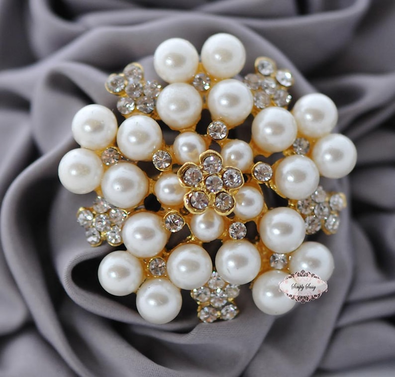 Rhinestone Brooch Button Embellishment XLARGE Pearl Crystal Wedding ...