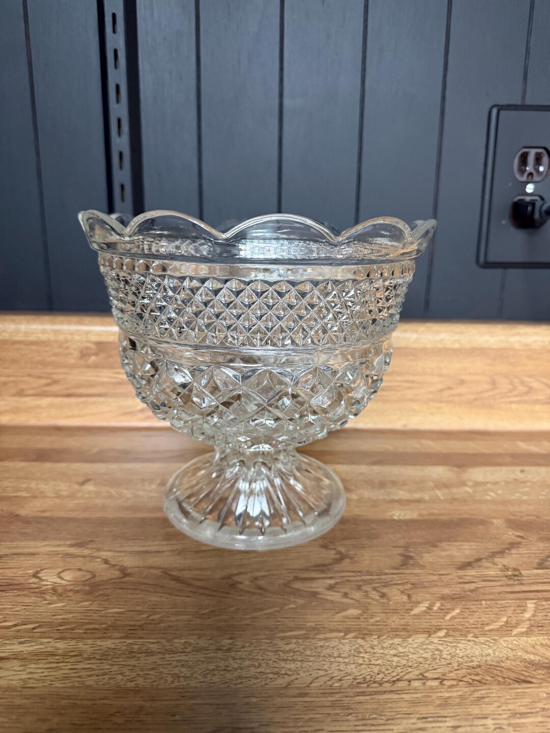Vintage Diamond Pattern Pressed Glass Compote Bowl: Scalloped Edge ...