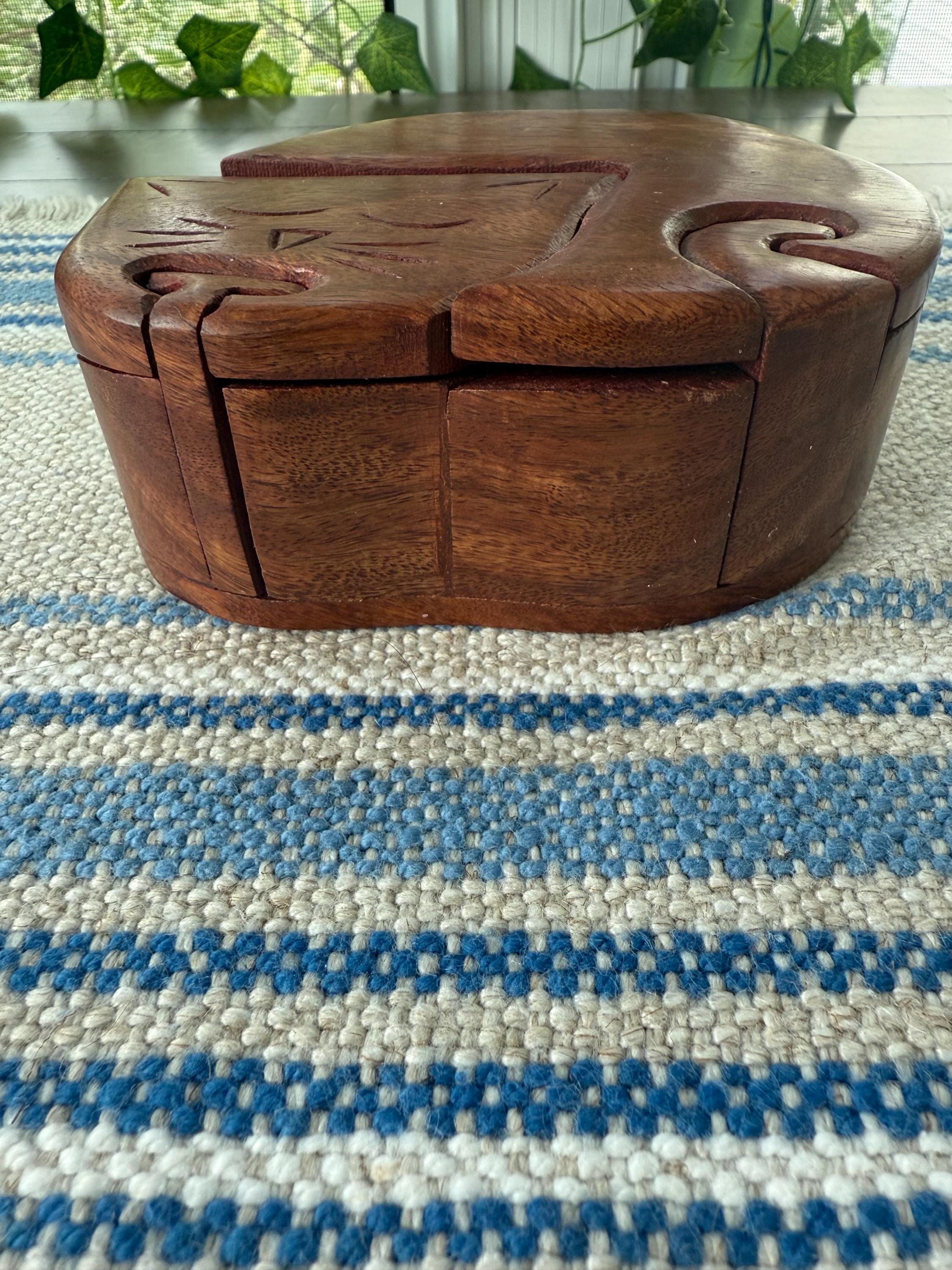 Hand Carved Wooden Cat Puzzle Box: Rustic Trinket Keepsake - Etsy