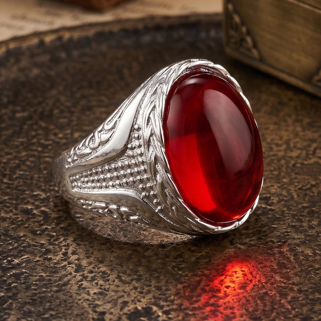 Buy Men's Sterling Silver Ring, Huge Red Hydro Crystal, Ottoman Zanjir ...
