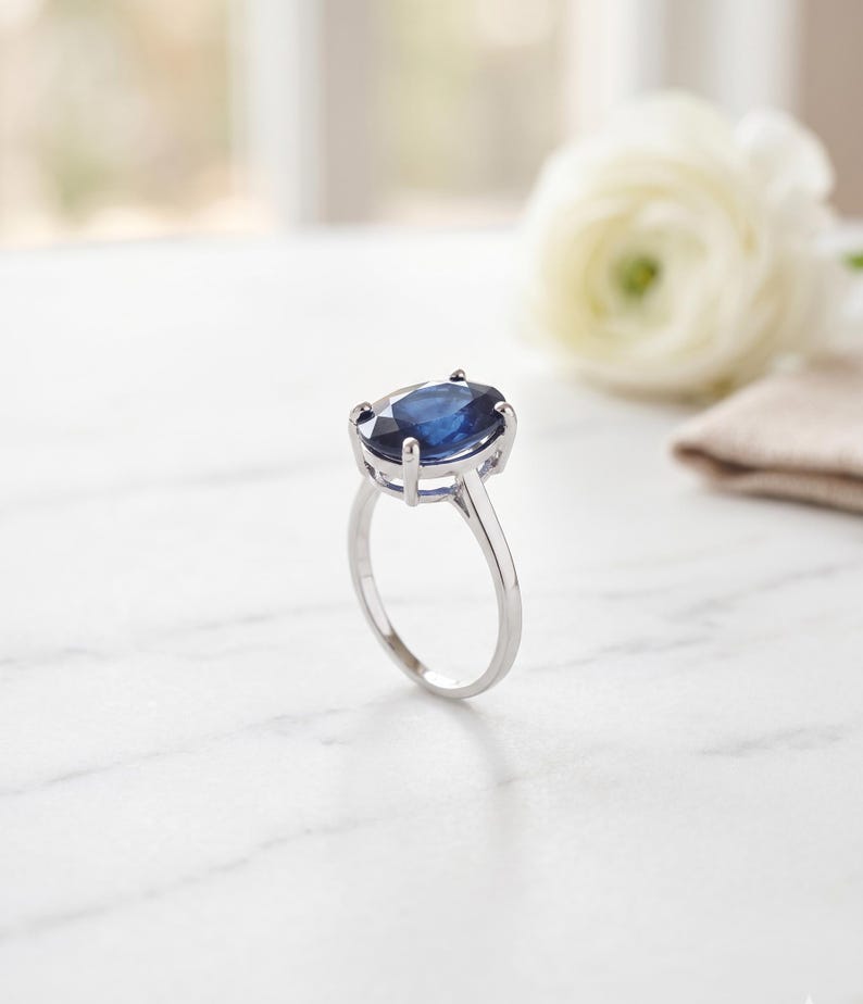 Buy Oval Cut Blue Sapphire Ring, 925 Sterling Silver, Minimalist ...