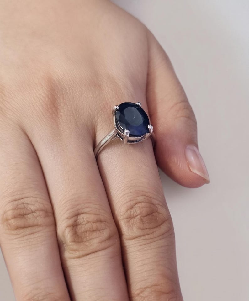 Buy Oval Cut Blue Sapphire Ring, 925 Sterling Silver, Minimalist ...