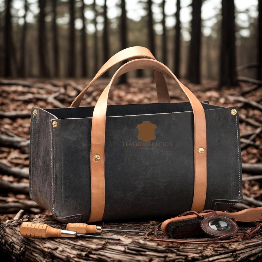Handmade Leather Firewood Carrier, Personalized Log Tote, Cabin Decor ...
