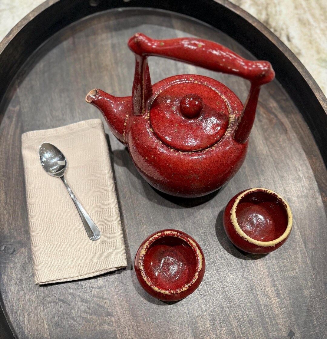 Red Ceramic Salt Glazed Teapot With a Pair of Cups - Etsy