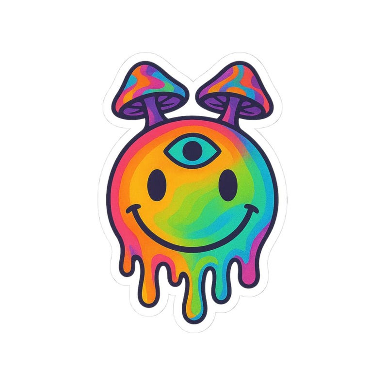 Trippy Smiley Face Kiss-cut Stickers, Psychedelic Mushroom Antenna ...