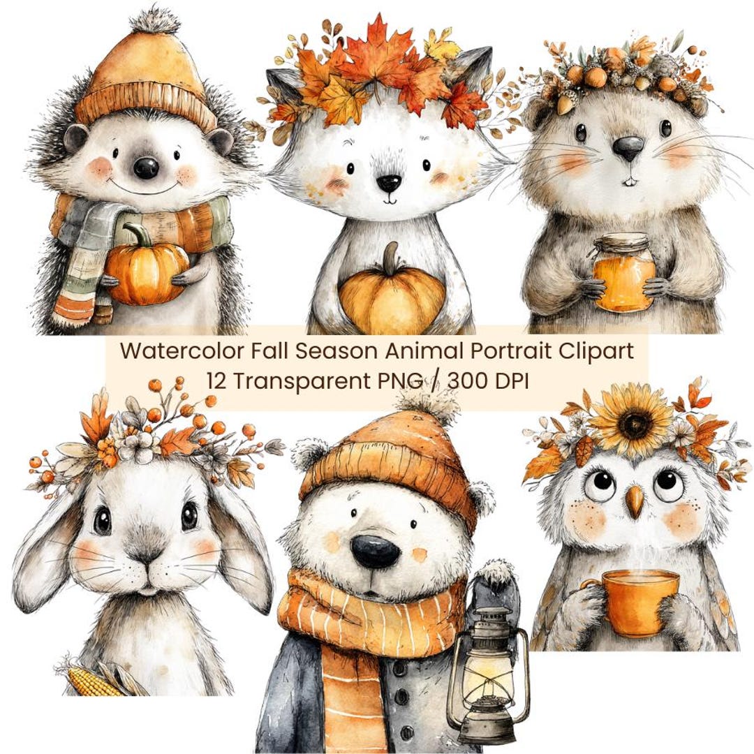 Autumn Animal Clipart, Watercolor Woodland Portraits (PNG Digital ...