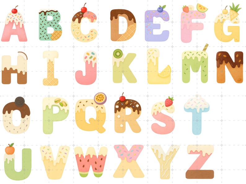 Pastel Ice Cream Alphabet Clipart: A-Z Whimsical Letters (PNG Digital ...