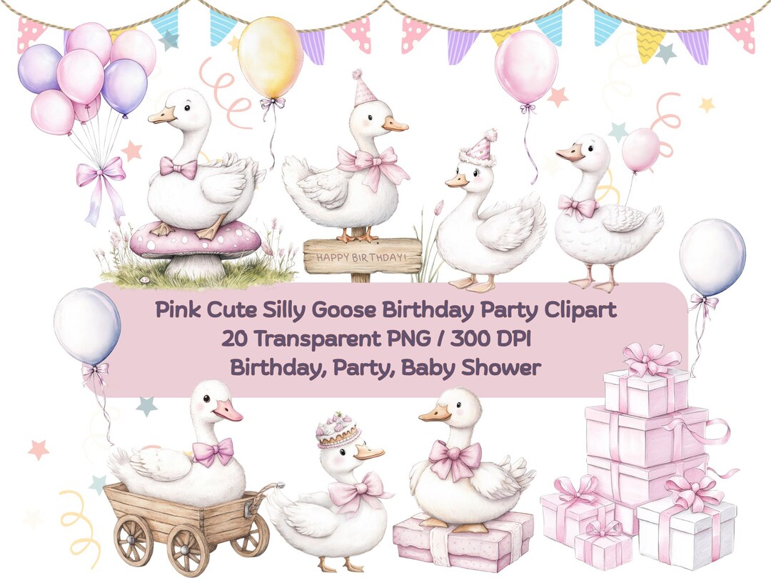 Silly Goose Birthday Clipart: Pastel Watercolor Party PNG (commercial ...