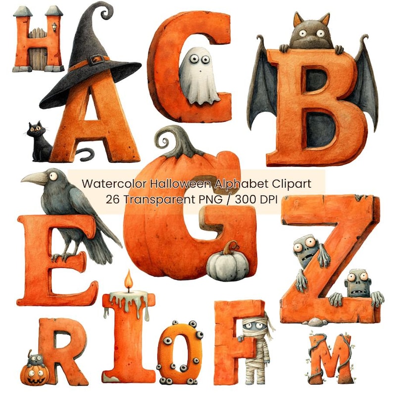 Halloween Alphabet Clipart: Spooky Watercolor Letters, Witch, Bat ...