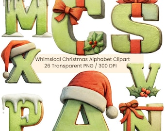 Christmas Alphabet Clipart Bundle, Red, Stripe and Green Letters Cute ...