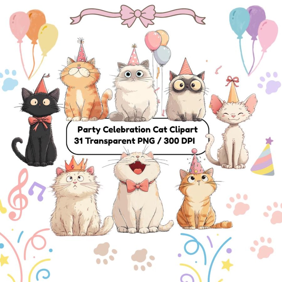 Party Celebration Cat Clipart Bundle | Whimsical Pastel Pet Birthday ...