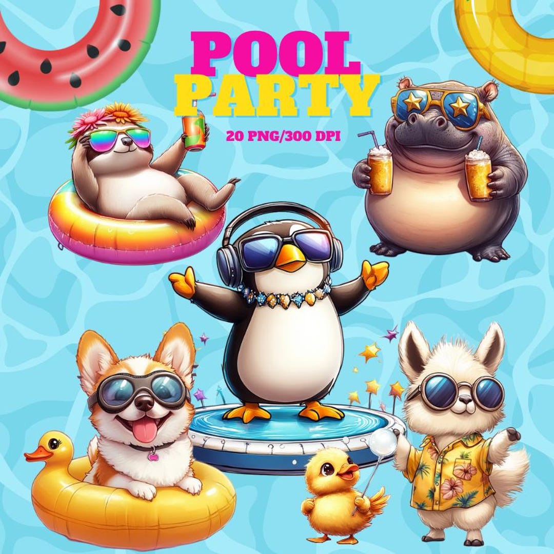 20 PNG Vivid Summer Pool Party Animals Clipart Bundle, Tropical Fun ...