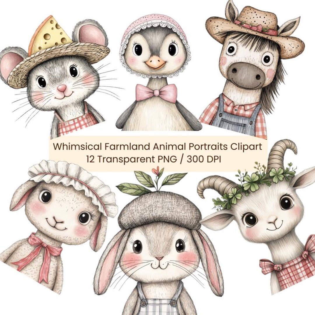 Pastel Whimsical Farm Animal Portraits Clipart: Floral Accents (digital ...