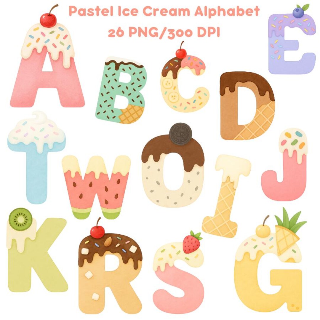 Pastel Ice Cream Alphabet Clipart: A-Z Whimsical Letters (PNG Digital ...