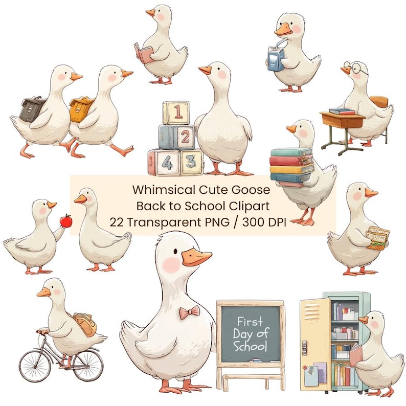 Silly Goose Back to School Clipart – 22 PNG Illustrations (digital ...