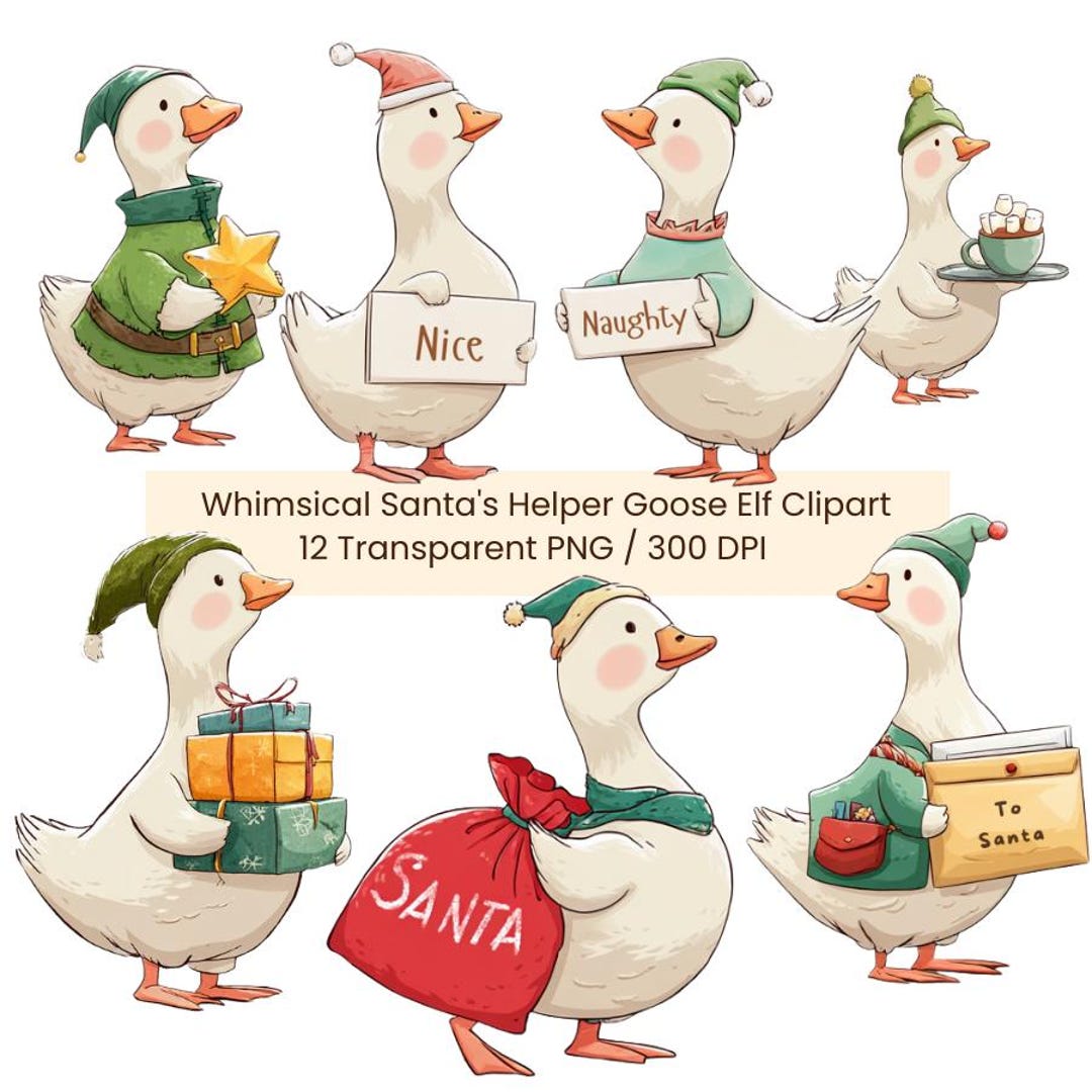 Whimsical Santa’s Helper Silly Goose Clipart, Santa’s Workshop Green ...
