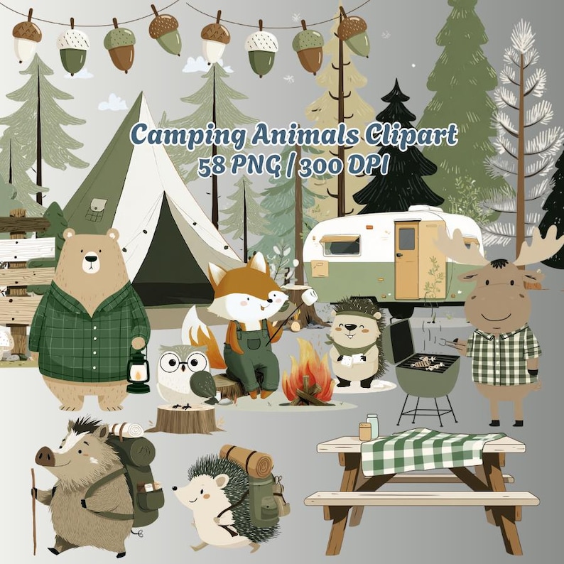 Camping Animals Clipart: Whimsical Woodland PNG Illustrations (digital ...