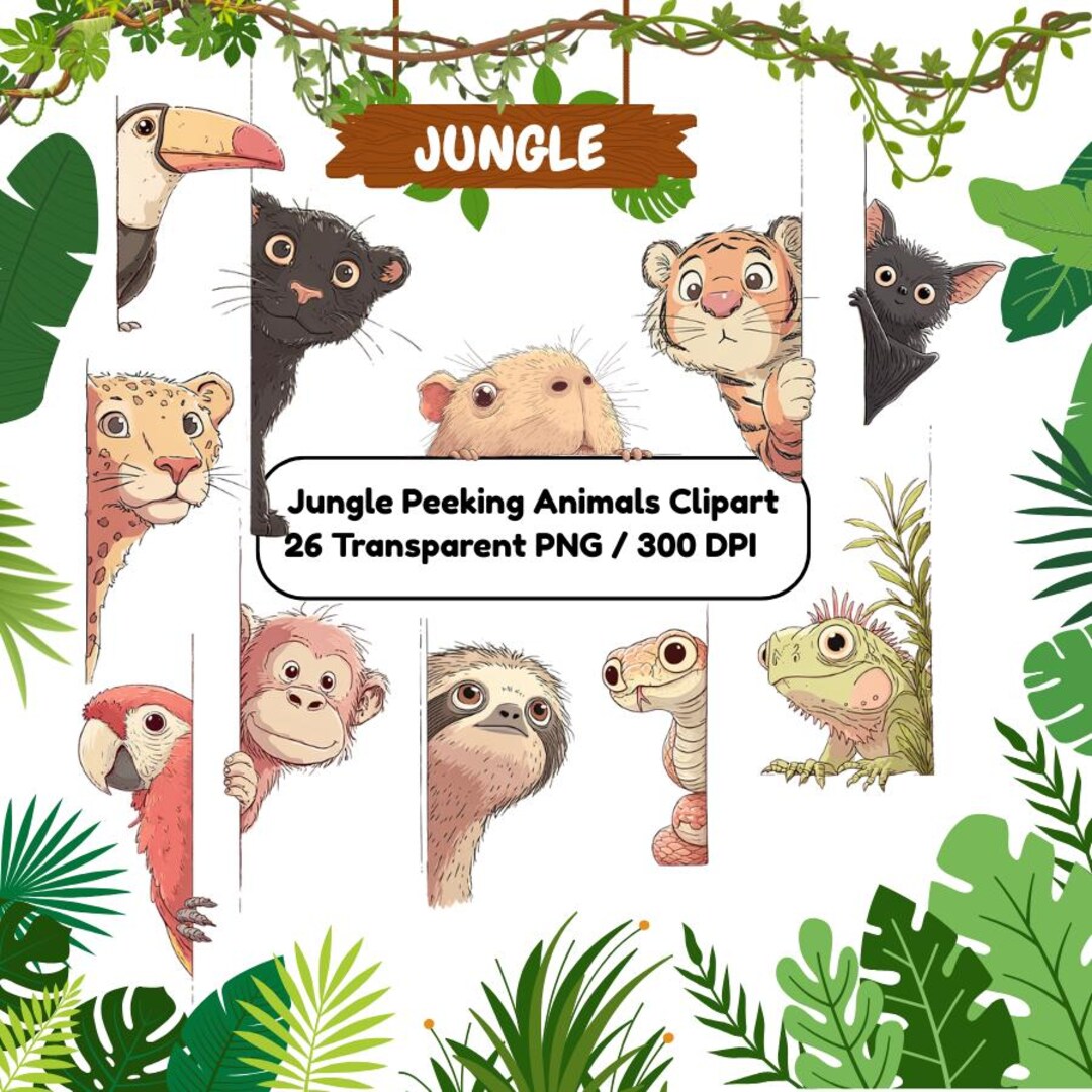Jungle Peeking Animals Clipart Bundle | Whimsical Curious Jungle Funny ...