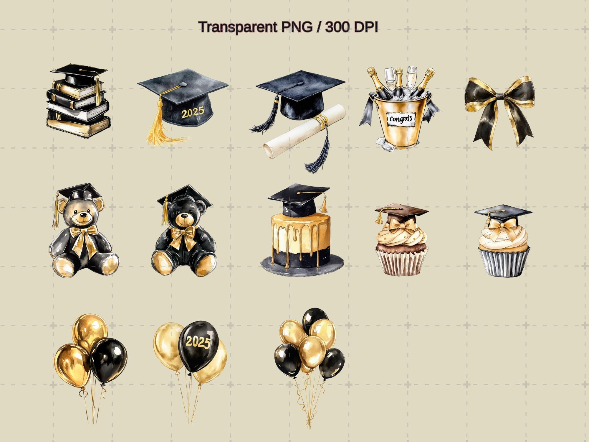 Watercolor Graduation Clipart Set: Class of 2025 PNG Graphics (digital ...