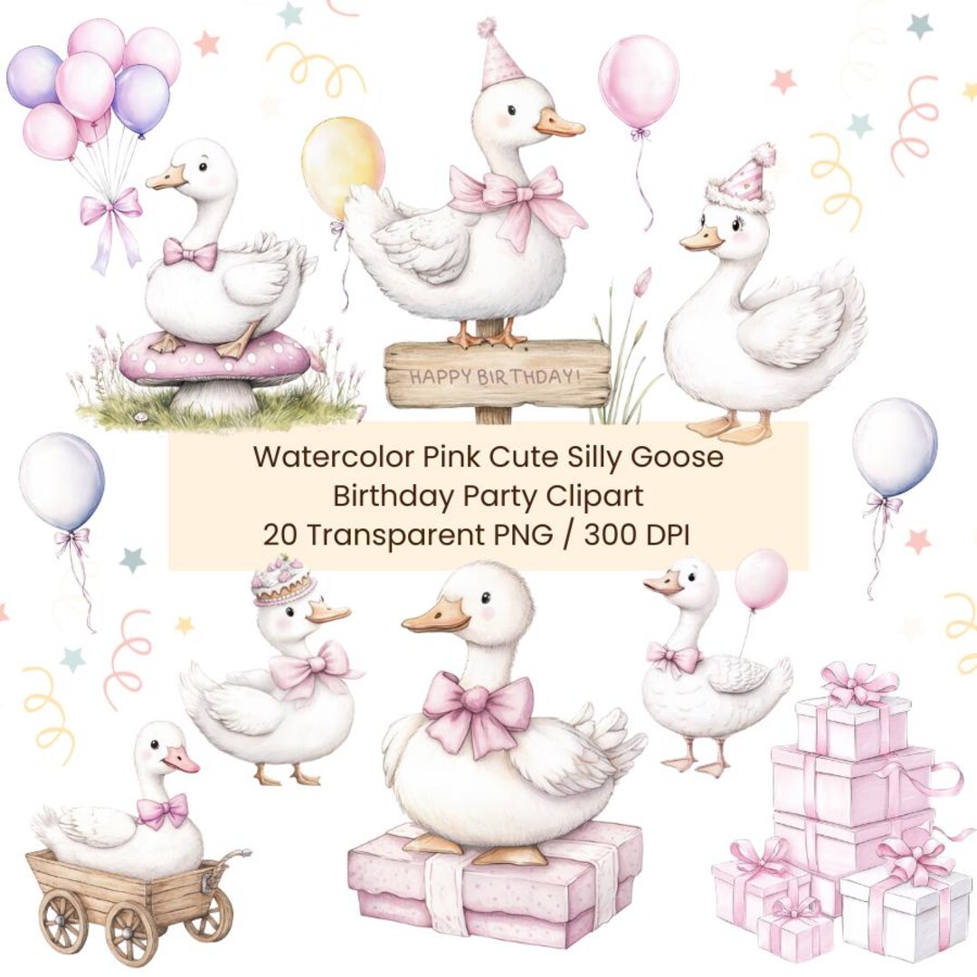 Silly Goose Birthday Clipart: Pastel Watercolor Party PNG (commercial ...