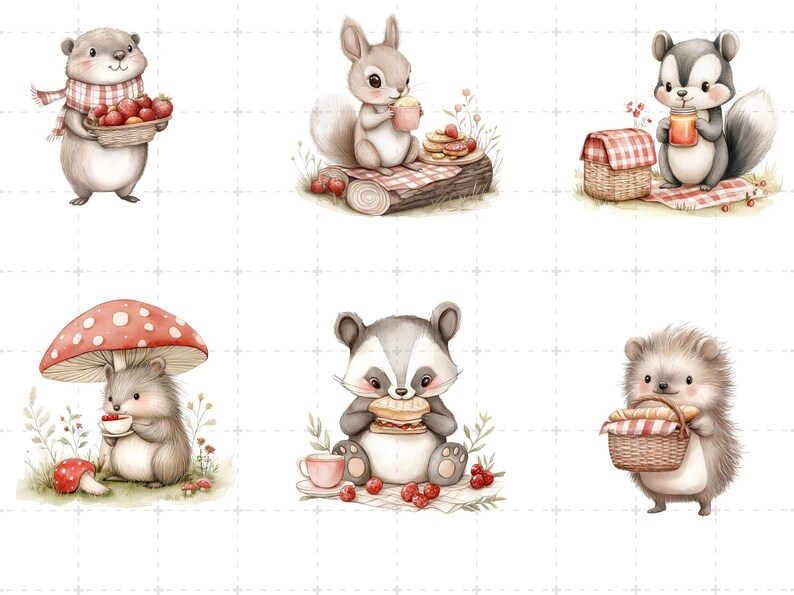 Forest Animal Picnic Clipart: Watercolor Woodland PNG Bundle (digital ...