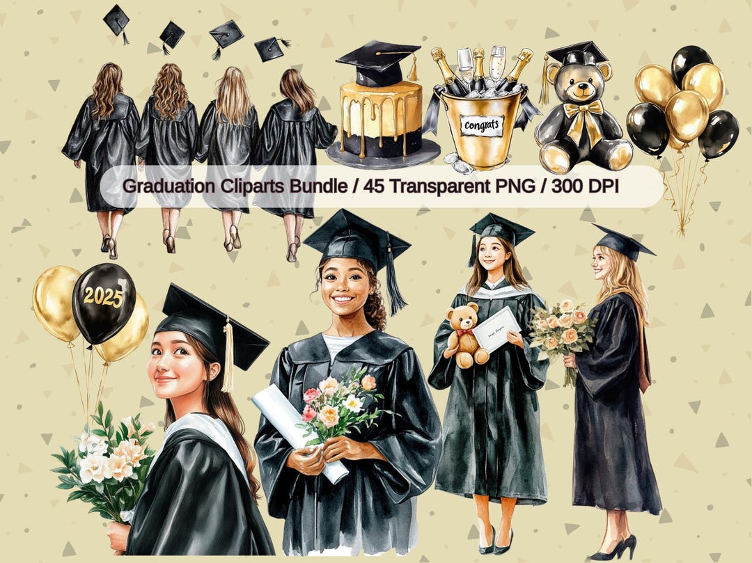 Watercolor Graduation Clipart Set: Class of 2025 PNG Graphics (digital ...