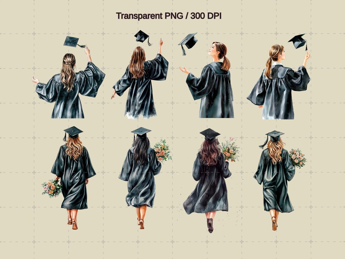 Watercolor Graduation Clipart Set: Class of 2025 PNG Graphics (digital ...