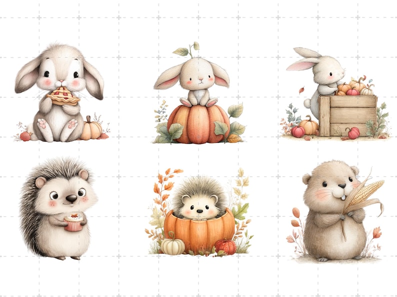 Watercolor Animal Pumpkin Patch Clipart: Autumn PNG Bundle (digital ...