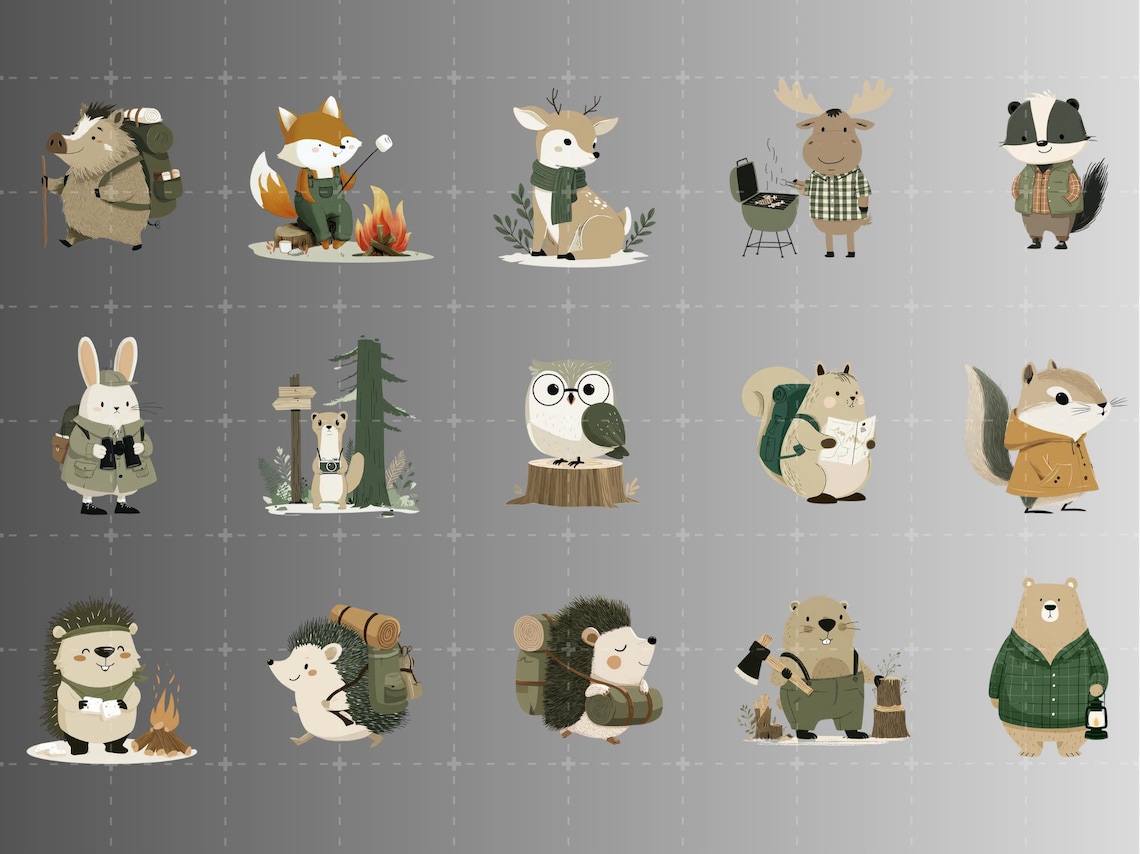 Camping Animals Clipart: Whimsical Woodland PNG Illustrations (digital ...