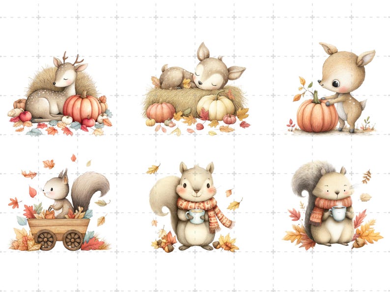 Watercolor Animal Pumpkin Patch Clipart: Autumn PNG Bundle (digital ...