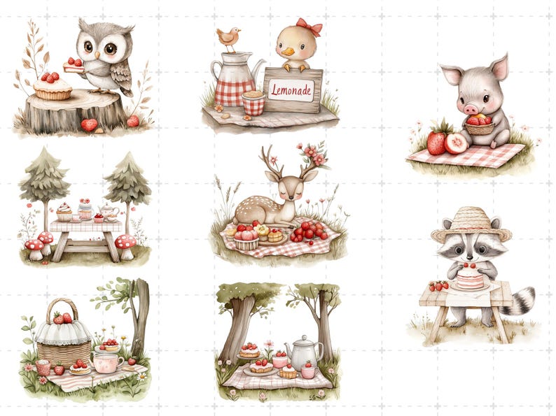 Forest Animal Picnic Clipart: Watercolor Woodland PNG Bundle (digital ...