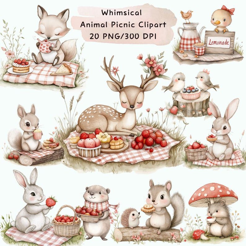 Forest Animal Picnic Clipart: Watercolor Woodland PNG Bundle (digital ...