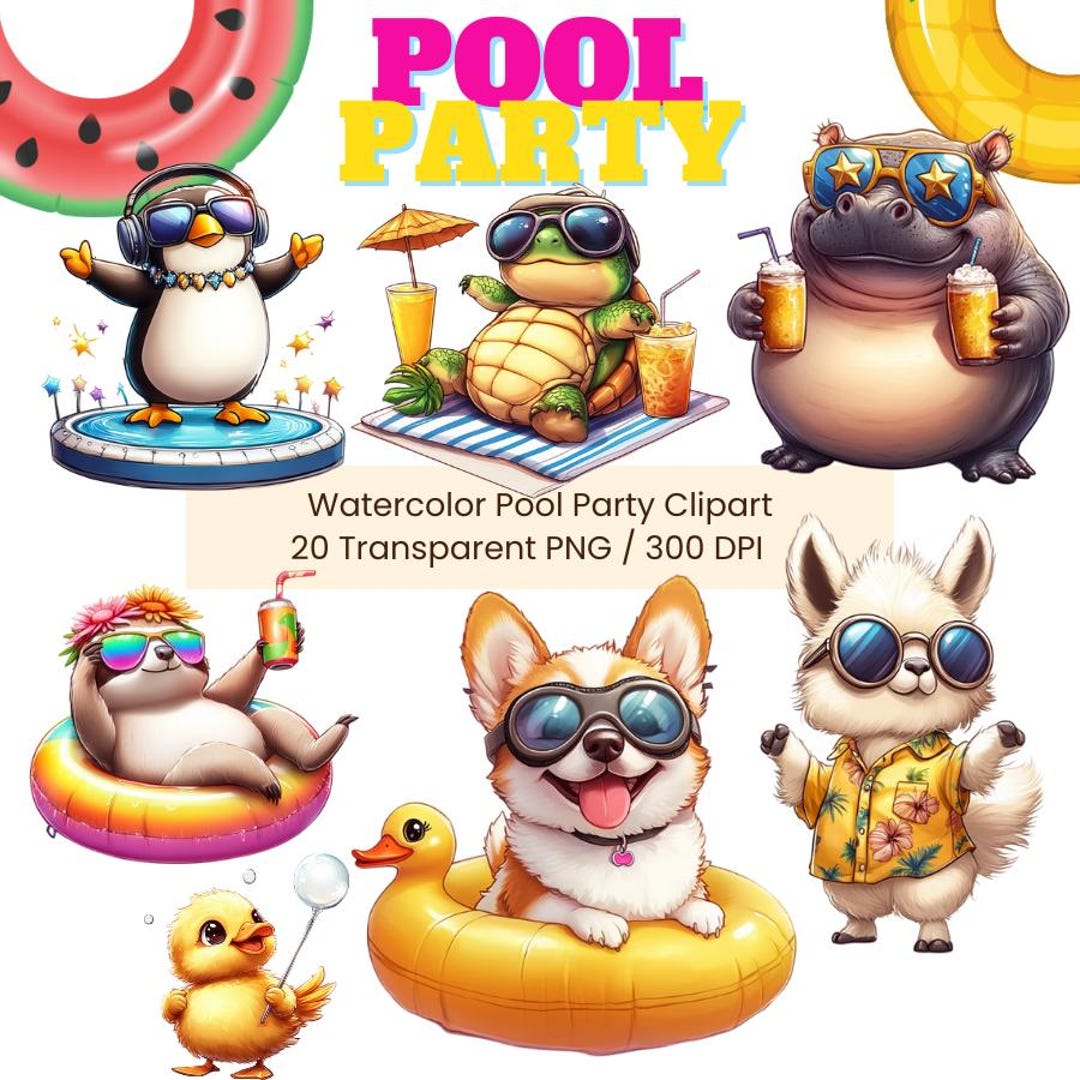 Summer Pool Party Animals Clipart Bundle: Tropical PNG Graphics ...