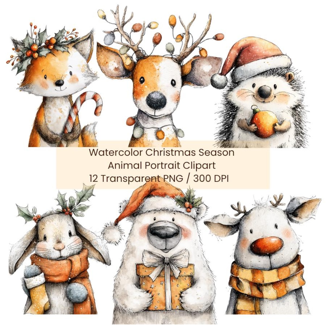 Watercolor Christmas Animal Clipart: Cozy Winter Portraits (PNG Digital ...