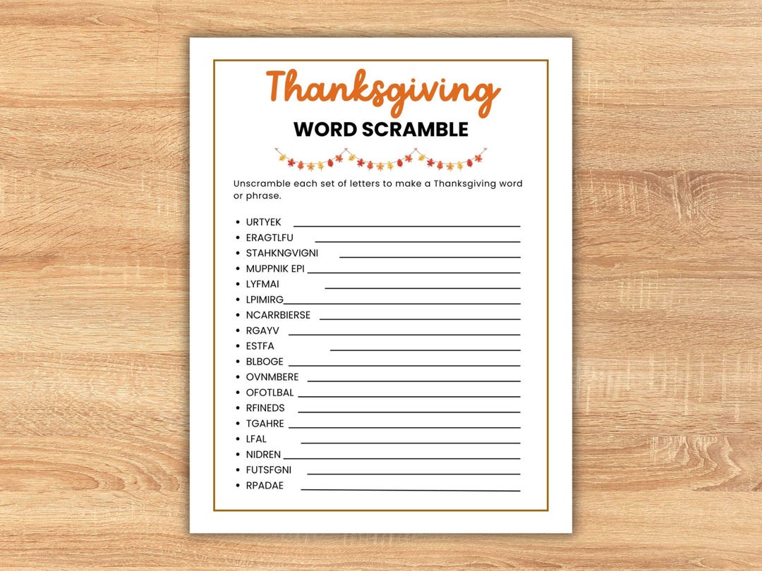 Thanksgiving Word Scramble Game for Kids, Thanksgiving Worksheet ...