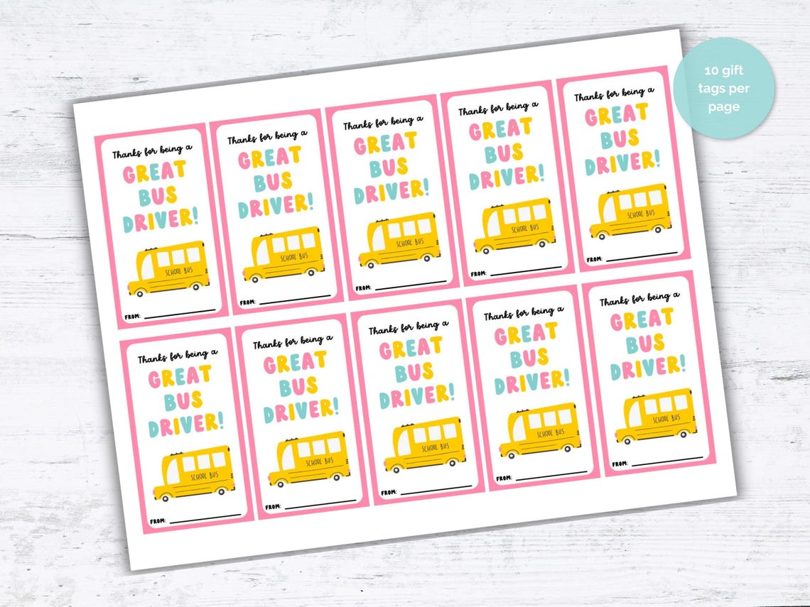 Printable Bus Driver Gift Tags, Thank You, Instant Download Gift Label ...