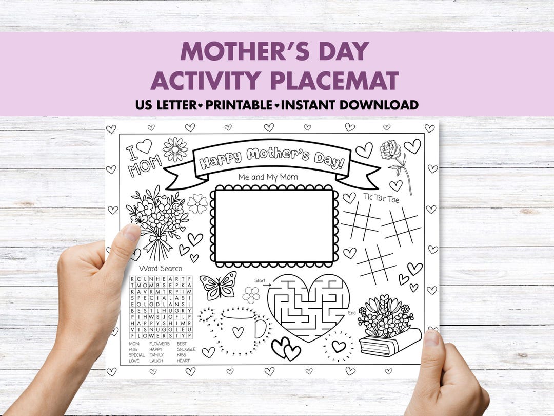 Printable Mother's Day Activity Placemat for Kids, Coloring and Games ...