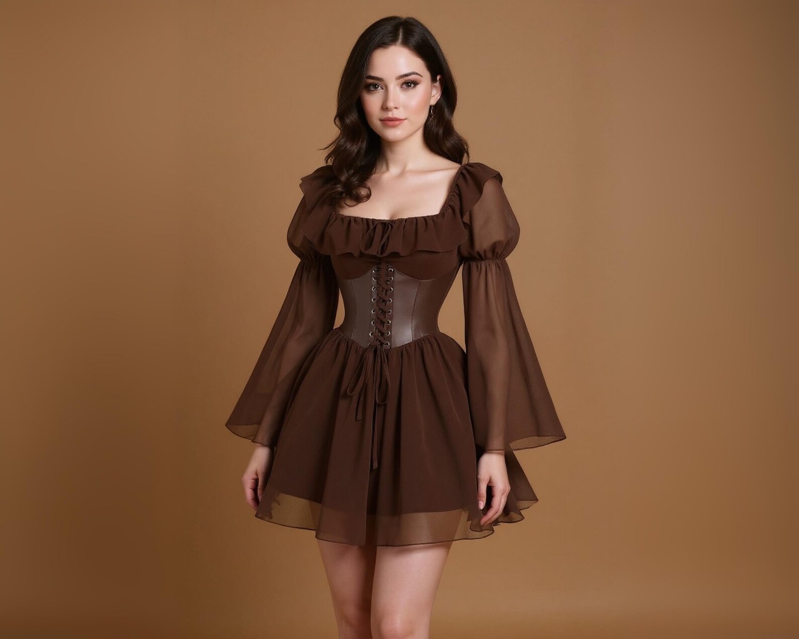 Renaissance Cottagecore Fairy Core Renaissance Dress, Brown Chiffon ...