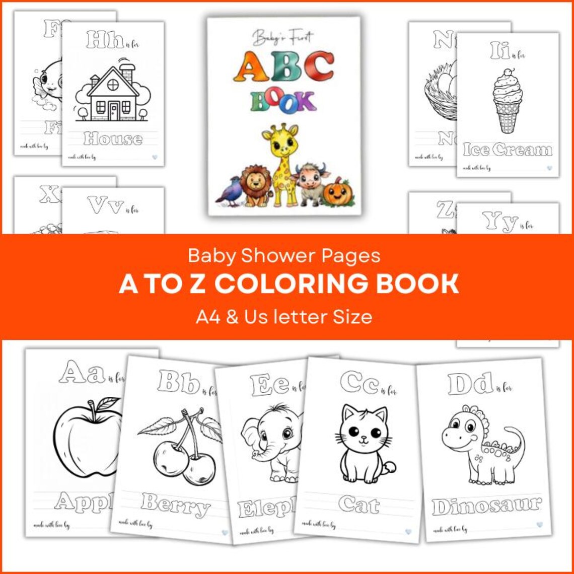 ABC Baby Shower Coloring Book Printable , A-Z Alphabet Activity for ...