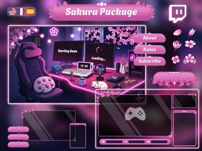 Animated Twitch Stream Overlay Cherry Blossom Gamer Room, Lo-fi Pink ...