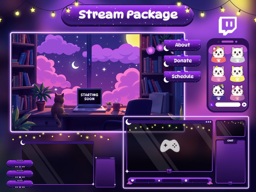 Lofi Cat Stream Overlay Package: Purple Room - Animated Screens ...